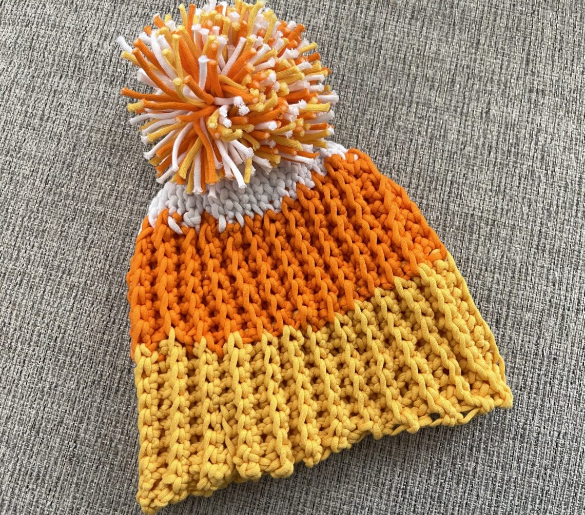 Candy Corn Pom-Pom Beanie – Clover Needlecraft